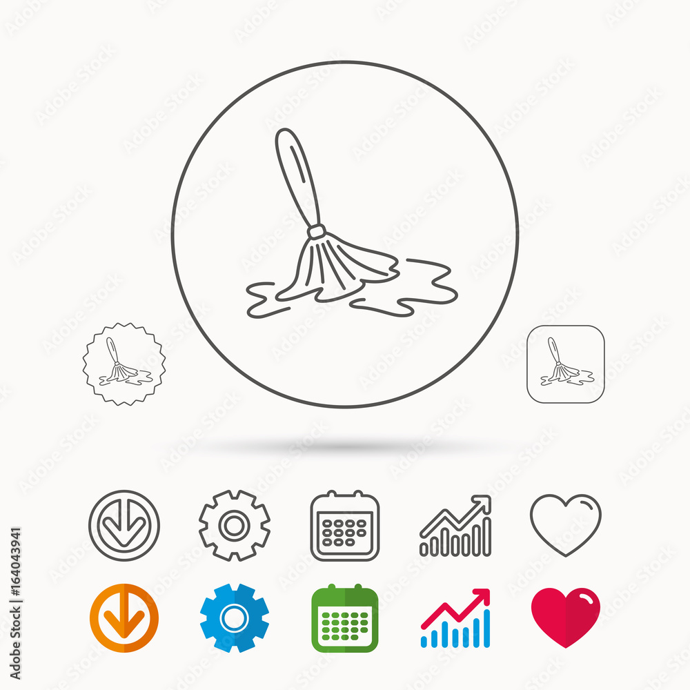 Wet cleaning icon. Clean-up floor tool sign. Calendar, Graph chart and ...