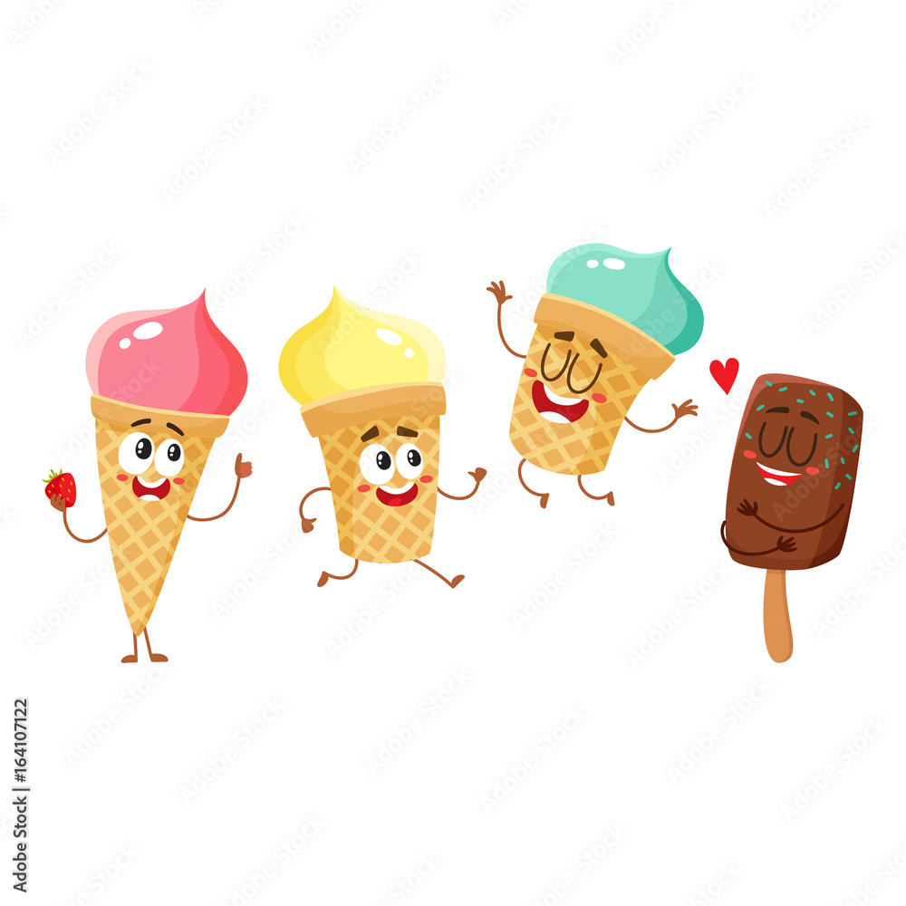 Cute and funny ice cream characters, cones, popsicles with smiling ...