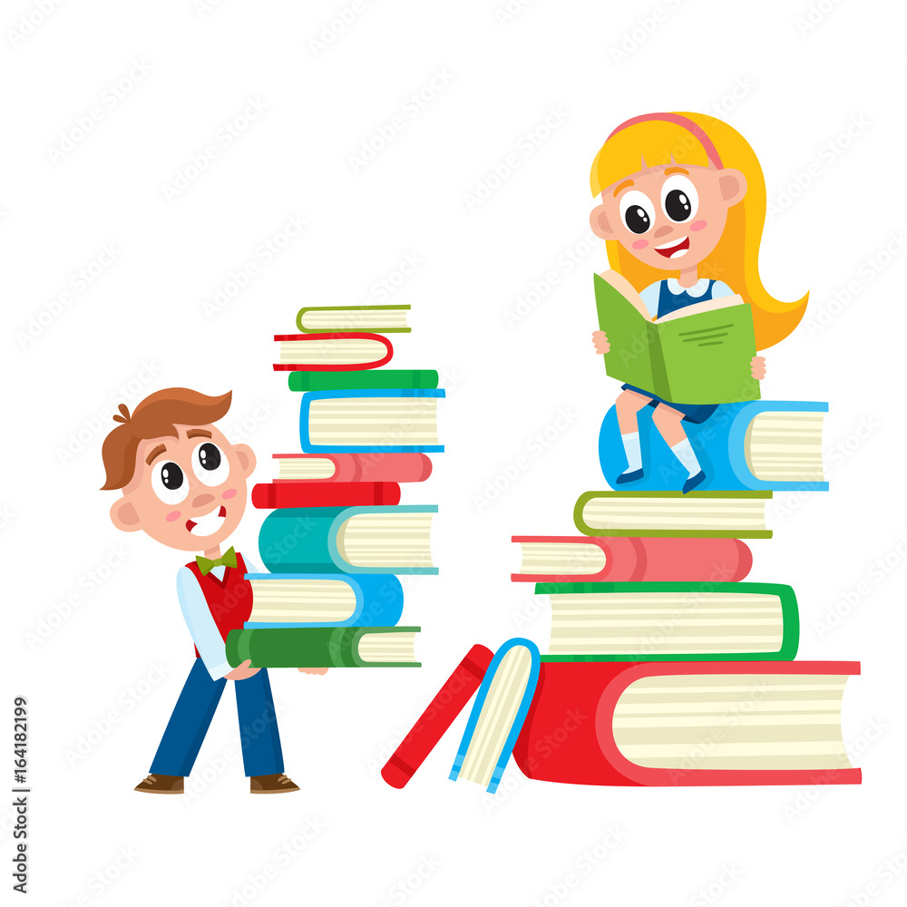 Little girl reading, sitting on huge pile, stack of books, cartoon ...