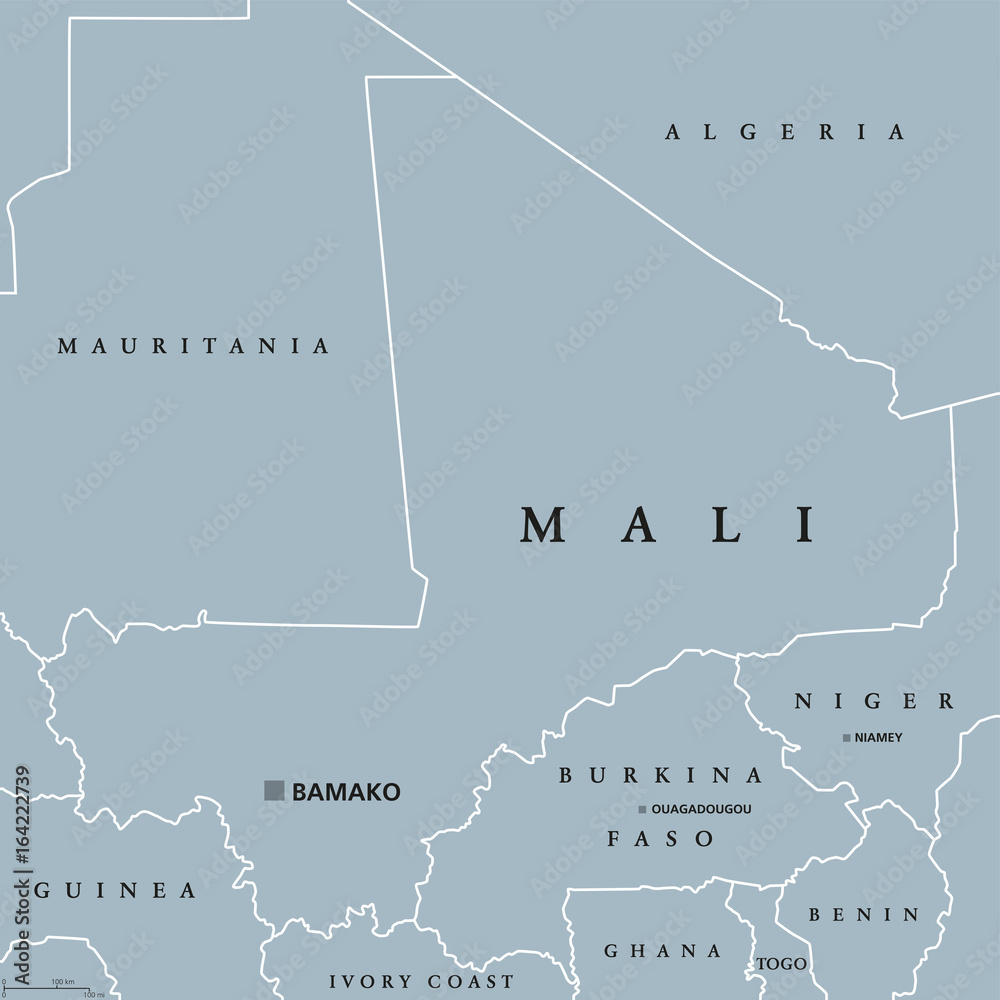Mali political map with capital Bamako, international borders and ...