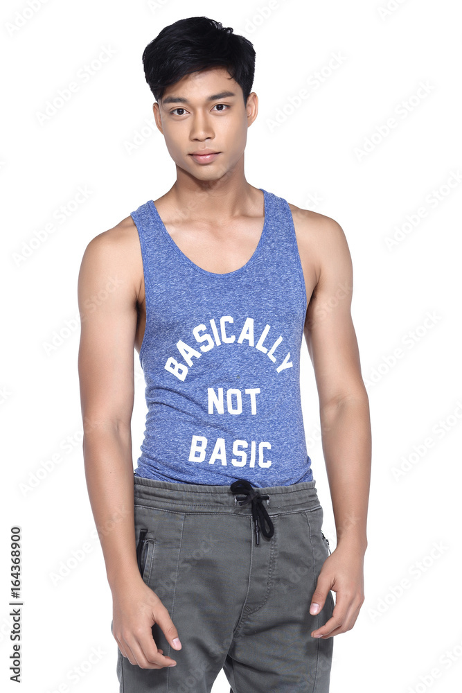 Tan Skin Asian black hair, handsom muscle good looking man in blue vest ...