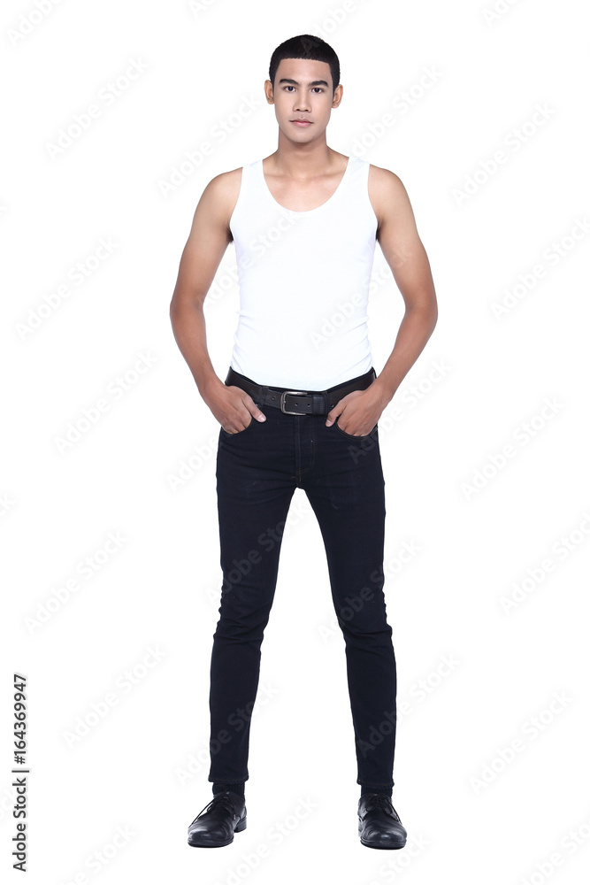Tan Skin Asian skin head, handsom muscle good looking man in gray vest ...