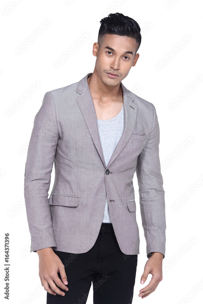 Tan Skin Asian black hair, handsom muscle good looking man in gray vest ...