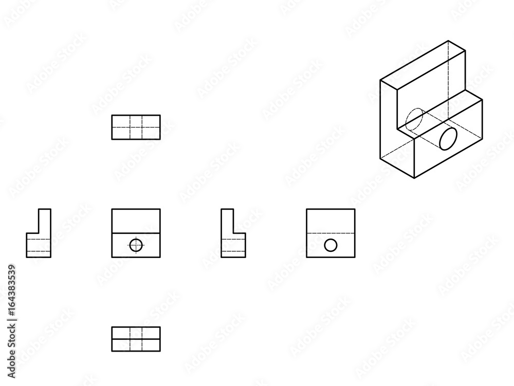 Technical Drawing with perspective and orthogonal views Stock Vector ...