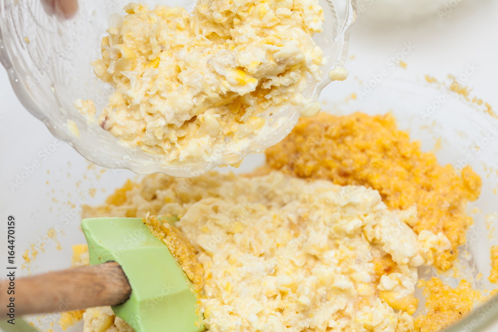 Traditional Colombian Arepa de Choclo Preparation : Adding shredded ...