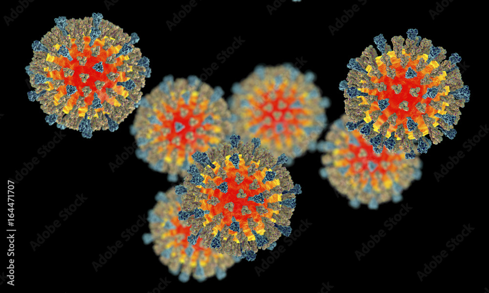 Measles viruses isolated on black background. 3D illustration showing ...
