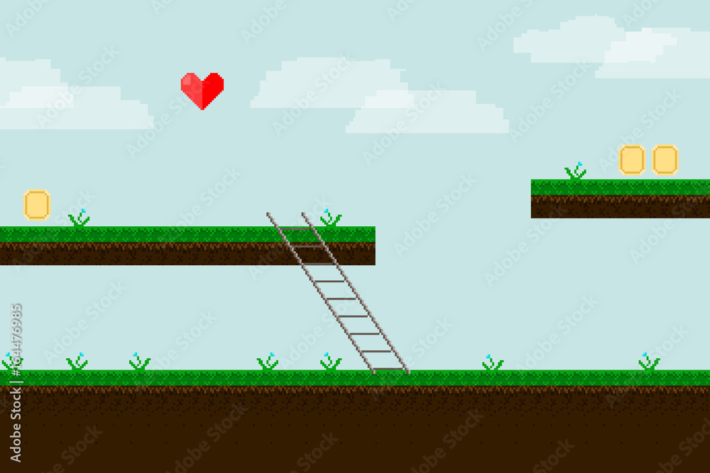 Pixel art game background with ground, grass, sky and clouds Stock ...