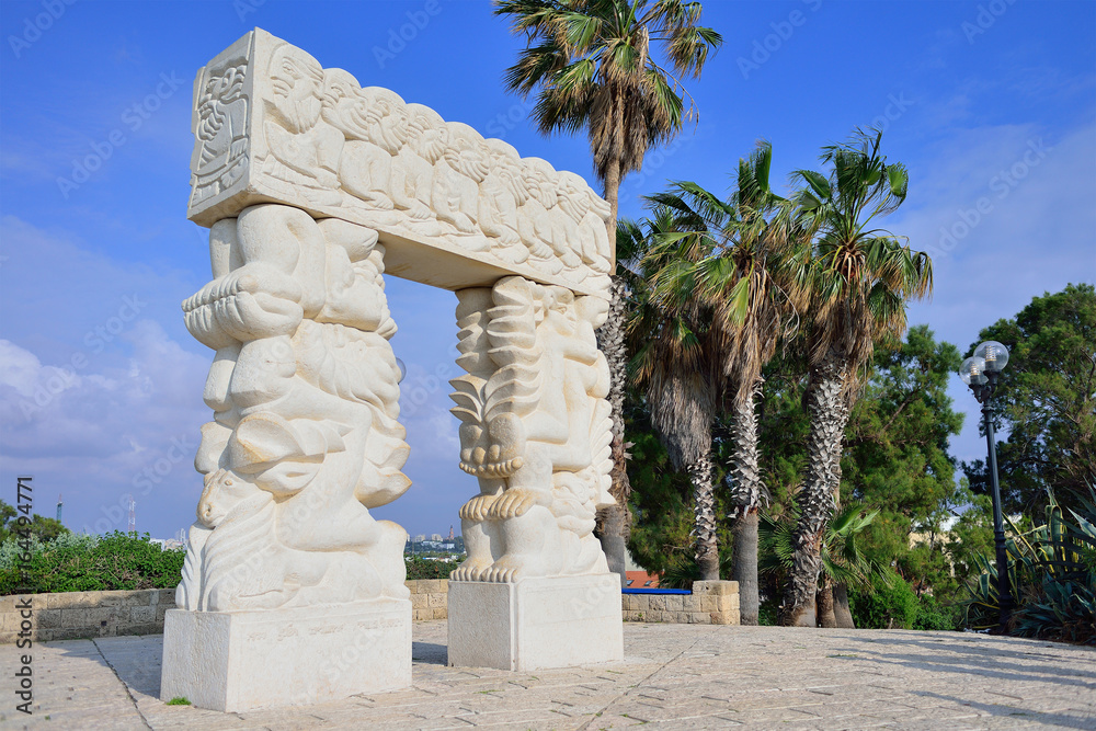 Faith stone sculpture on the highest point of Old Yafo on the St. Peter ...