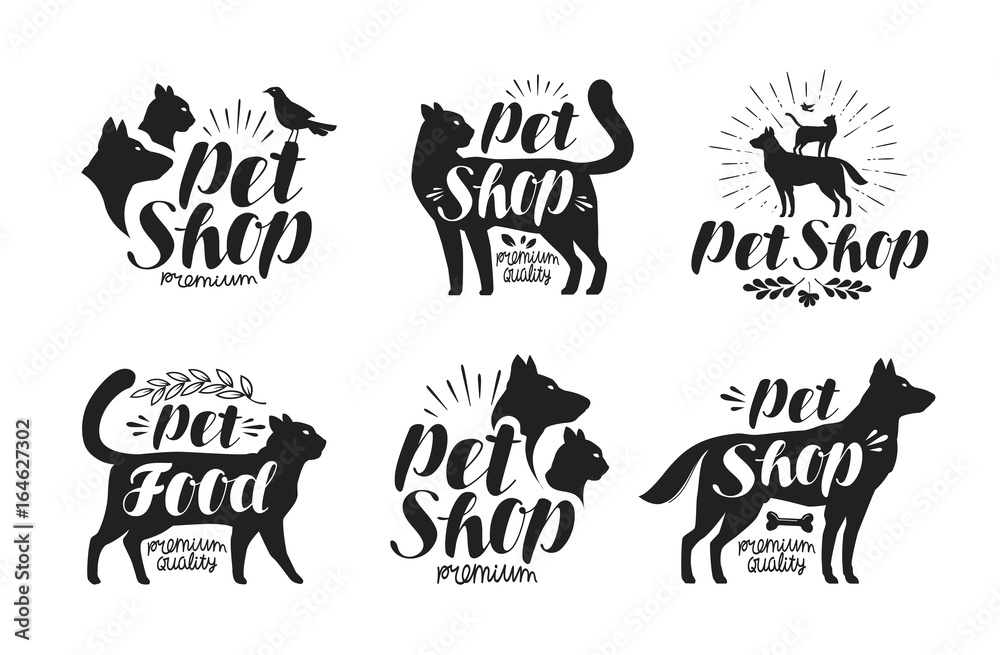 Pet shop, label set. Animals, dog, cat, parrot symbol or logo ...