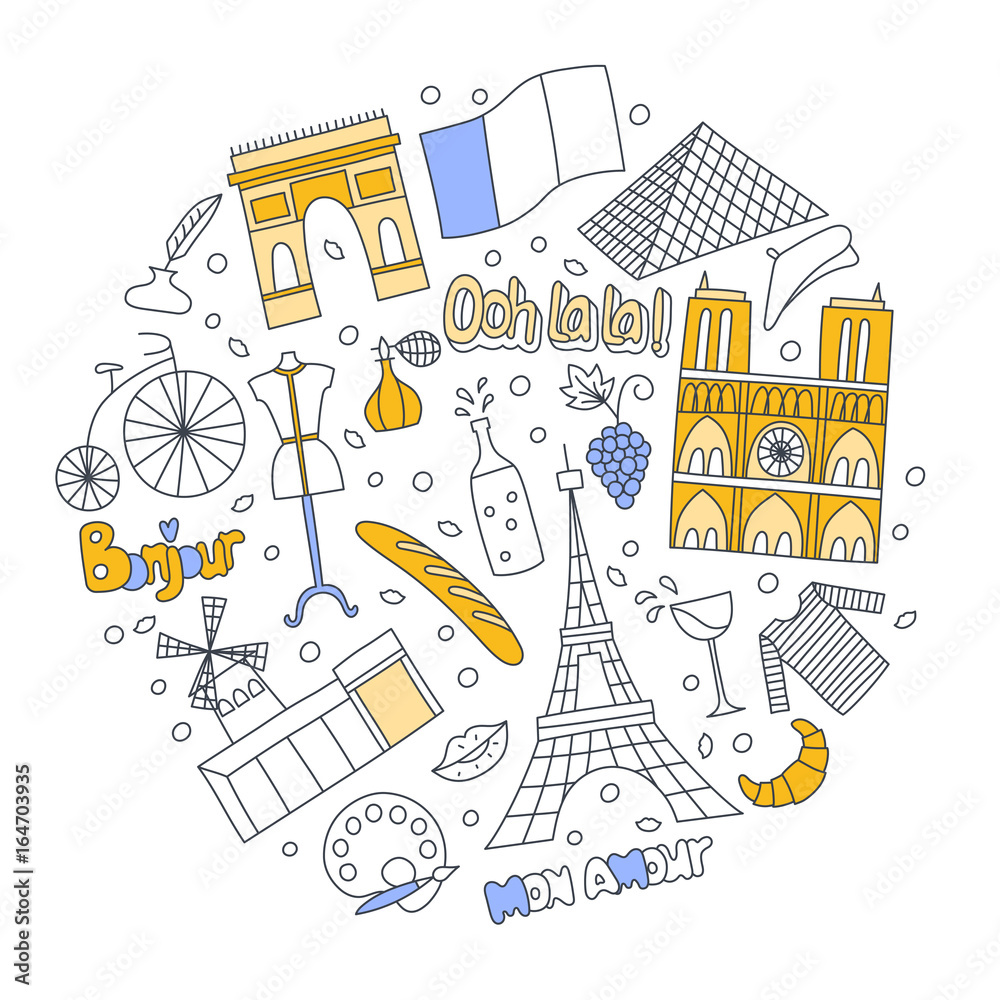 Hand drawn patch badges with France symbols - Eiffel tower Moulin Rouge ...