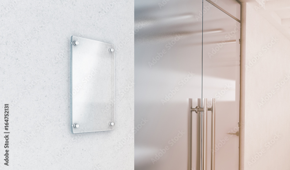Blank vertical transparent glass sign plate mockup, 3d rendering ...