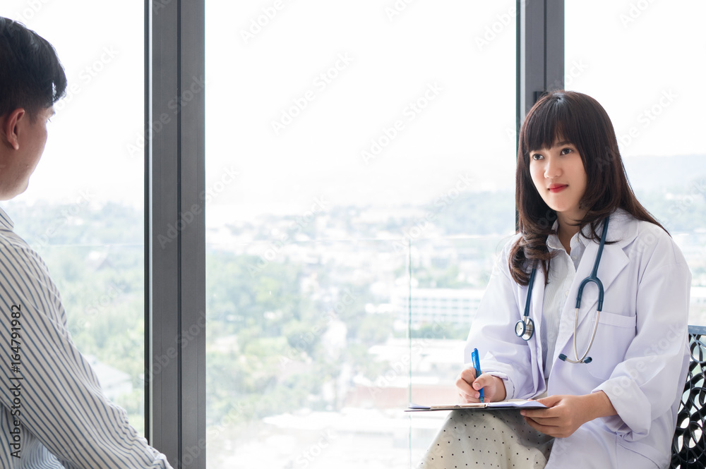 The doctor talking with patient. Ask for an illness and recommend ...