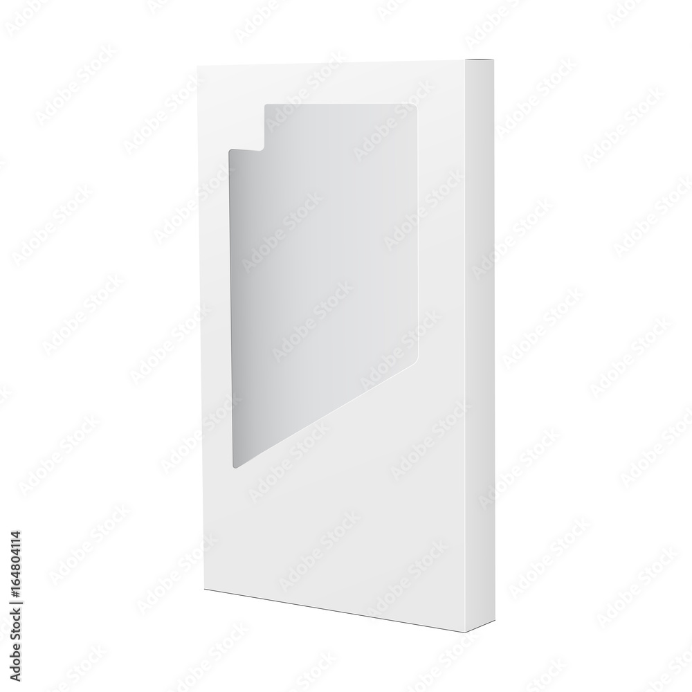 Slim blank box mockup with transparent window isolated on white ...
