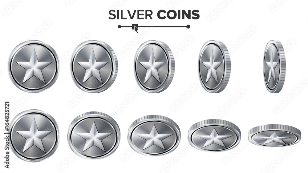 Game 3D Silver Coin Vector With Star. Flip Different Angles ...