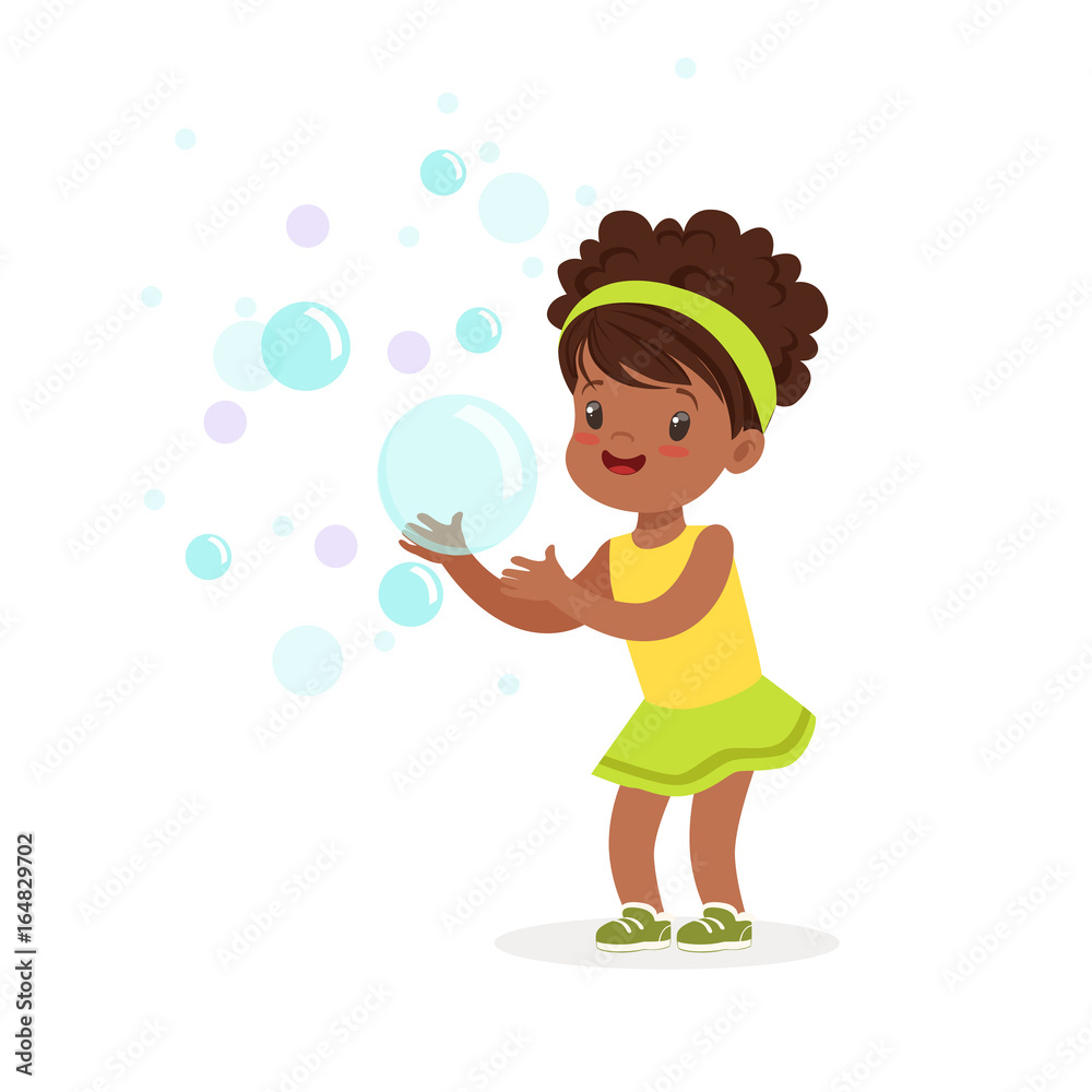 Cute smiling little girl playing bubbles vector Illustration Stock ...