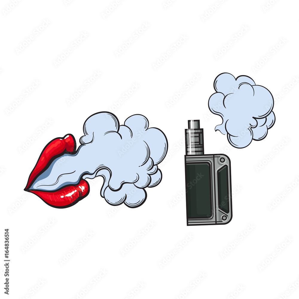 Hand drawn vape, vaping device and smoke coming out of beautiful lips ...
