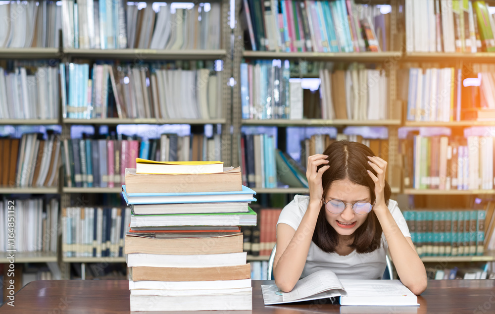 Young Girl Student with Glasses Reading book Overlap Serious, Hard Exam ...