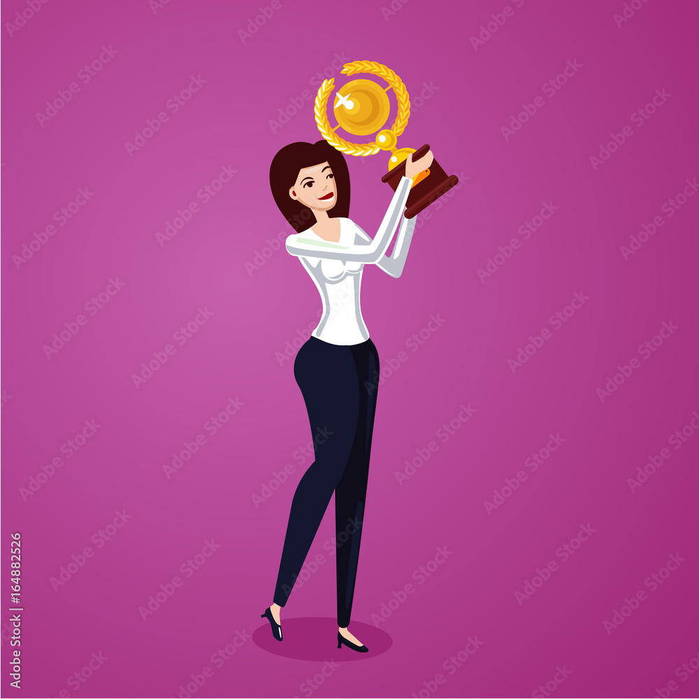 Successful business woman holding award winner cup. Business leader 3d ...