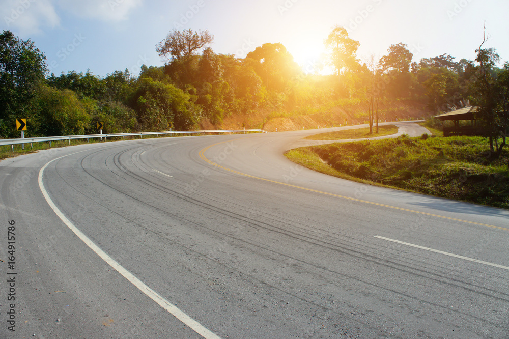 Beautiful sun rising sky with asphalt highways road in rural scene use ...