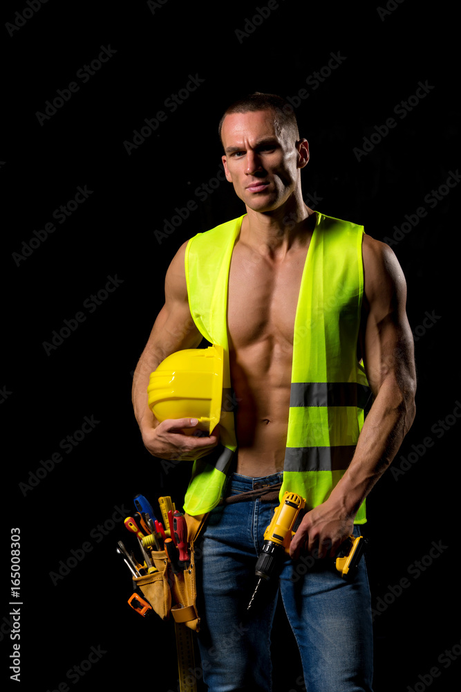 fit shirtless worker with tools Stock Photo | Adobe Stock