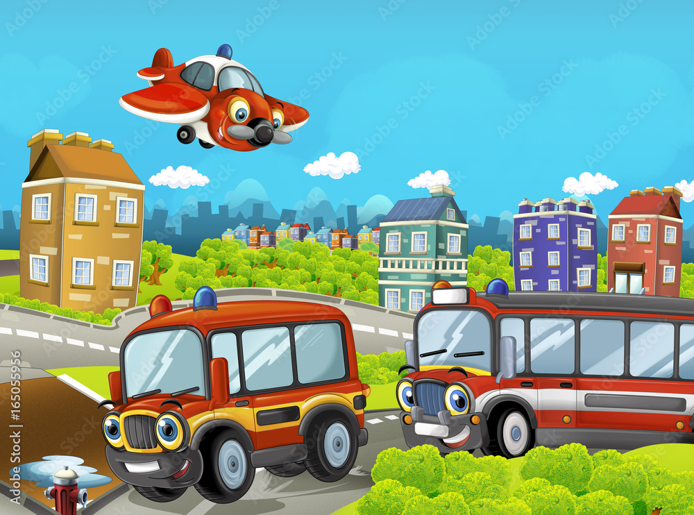 Cartoon stage with different machines for firefighting - colorful and ...