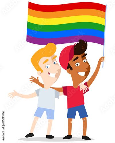 Smiling Gay Cartoon Couple Waving Rainbow Lgbt Flag Celebrating Gay