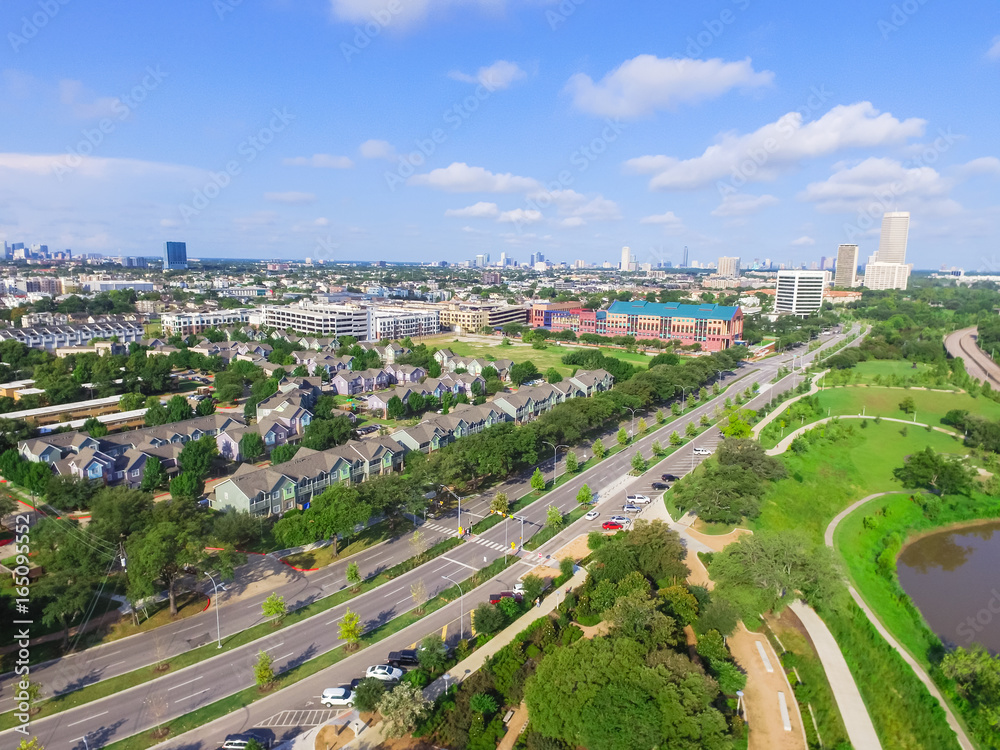 Aerial view west-central area in Houston from Buffalo Bayou Park ...