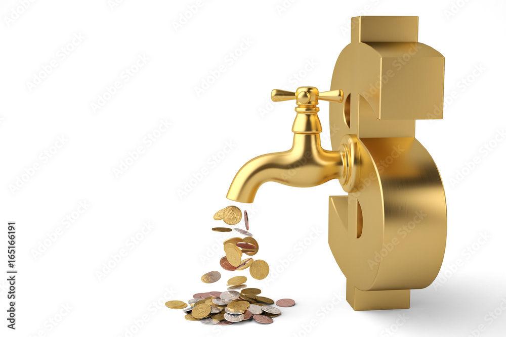 Coins fall from the tap and big dollar sign isolated on white ...