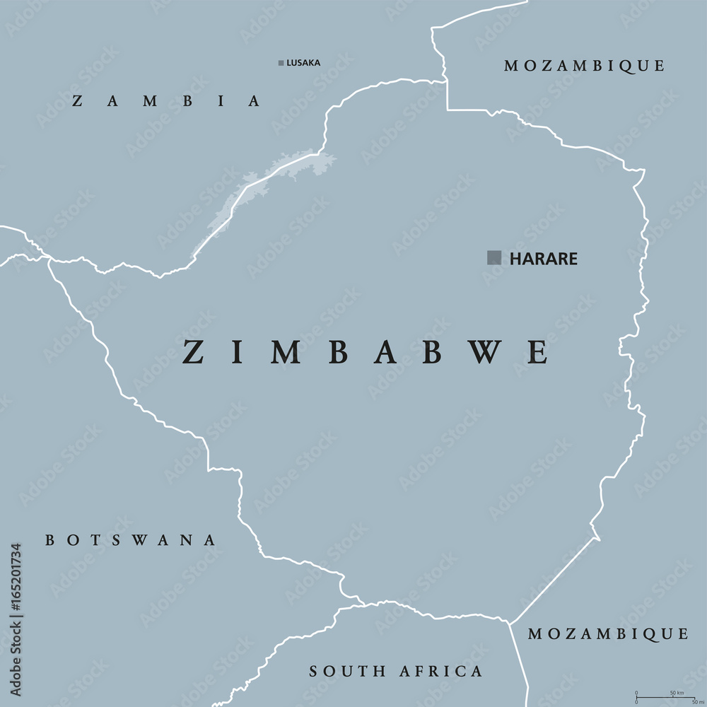 Zimbabwe political map with capital Harare, international borders and ...