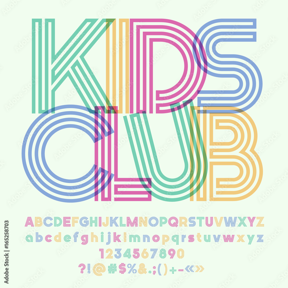 Bright logo with text Kids Club Vector set of colorful Alphabet letters, numbers and symbols ...