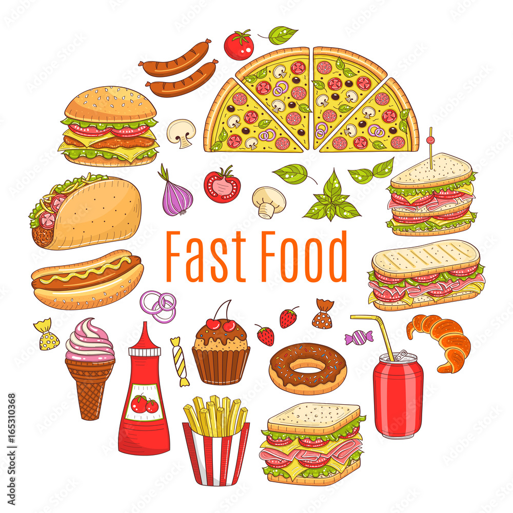 Vector sketch illustration of fast food circular shaped Stock Vector ...