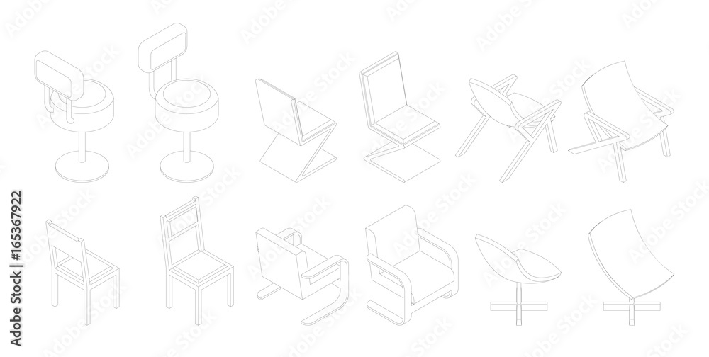 Isometric outline chairs set. Bar, office vector chair. Stock Vector ...