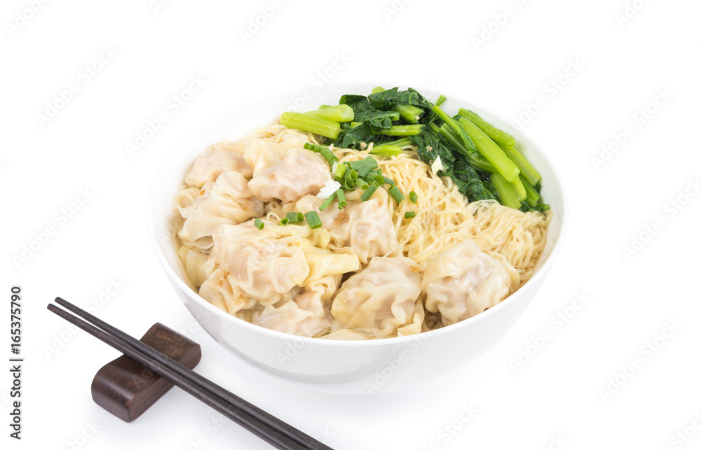 Wonton and egg noodle soup of Chinese Cantonese style for asian cuisine ...