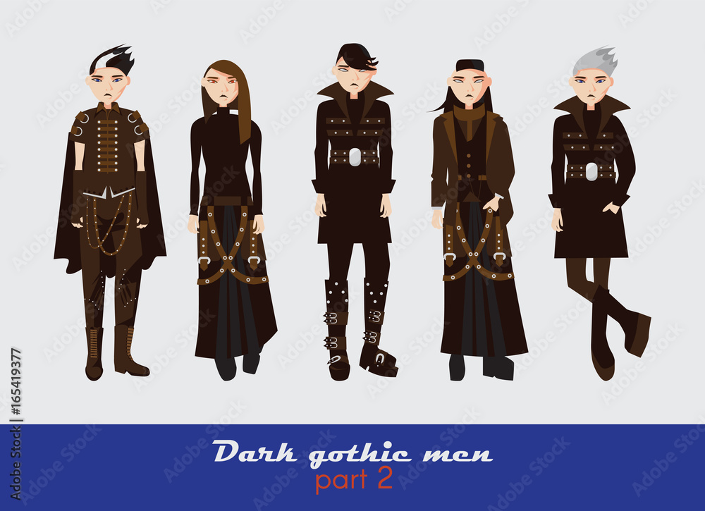 Vector set with dark gothic young men. Guys standing and watching at ...