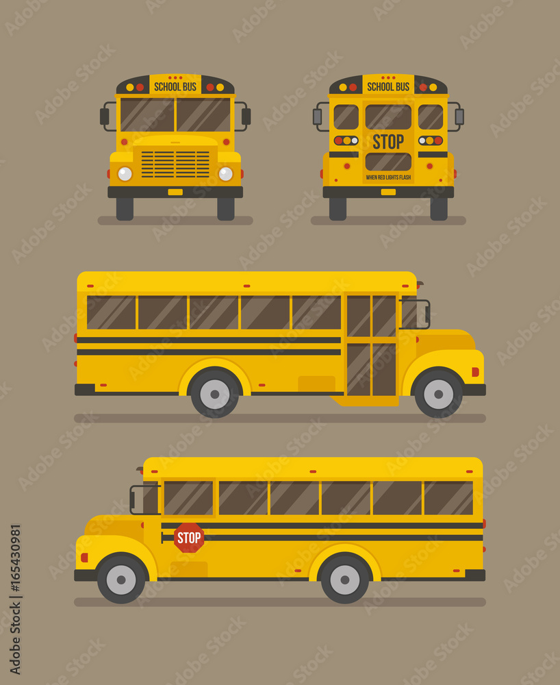 School bus flat illustration. Front, back and two side views. Stock ...