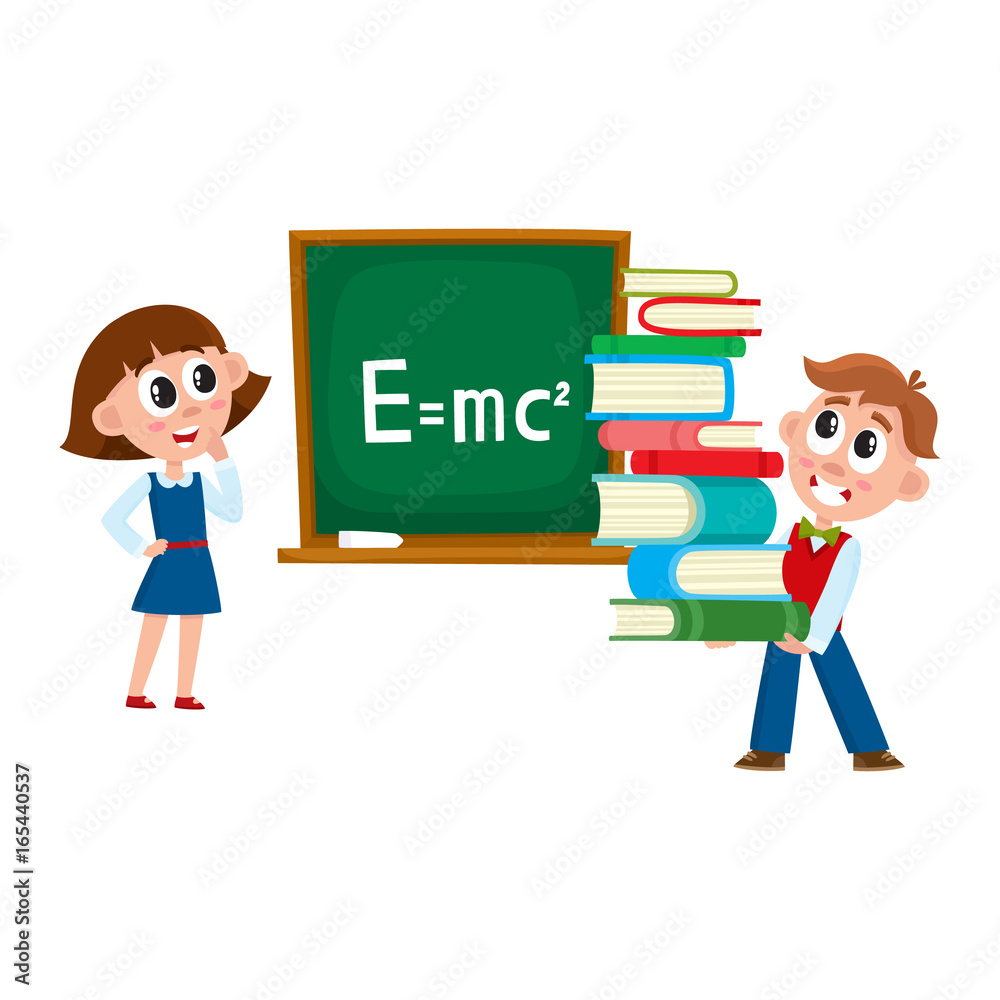 School girl answering at physics lesson, boy carrying pile of books ...