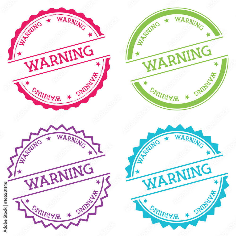 Warning badge isolated on white background. Flat style round label with ...