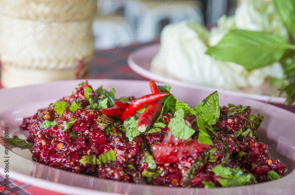 Sok Lek,Raw Beef and Blood in North Easrt or Isaan Local Food ,Thailand ...