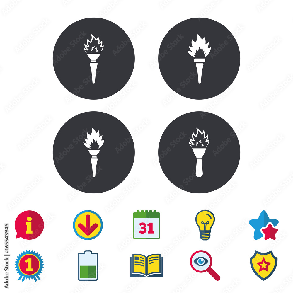 Torch flame icons. Fire flaming symbols. Hand tool which provides light ...