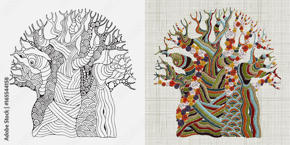 Embroidery Pattern. Hand stitched Embroidered Baobab tree. African tree ...