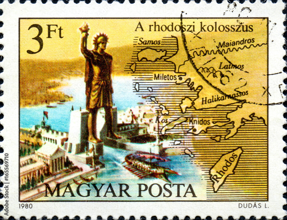 UKRAINE - CIRCA 2017: A postage stamp printed in Hungary shows Colossos ...
