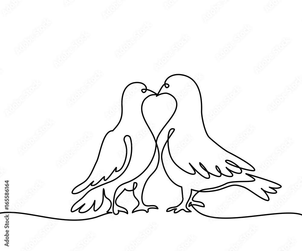 Continuous one line drawing. Two doves logo. Black and white vector ...