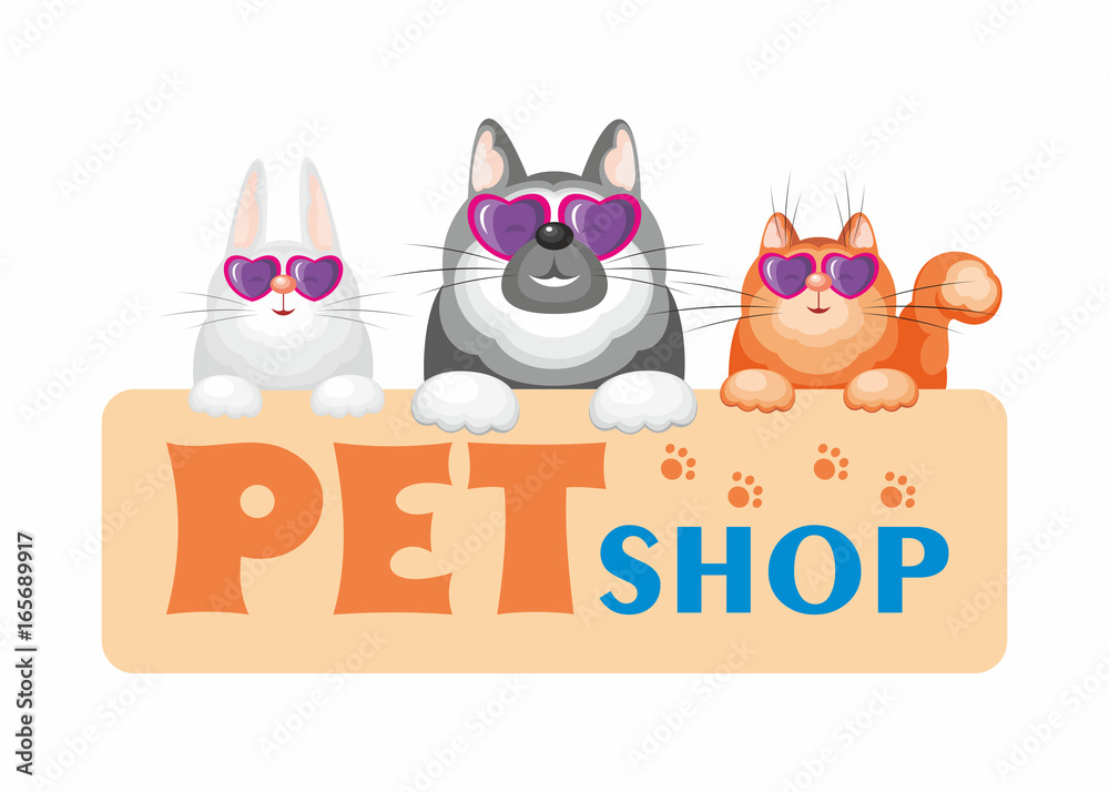 Sign "pet-shop" with images of cute animals. Vector illustration can be ...