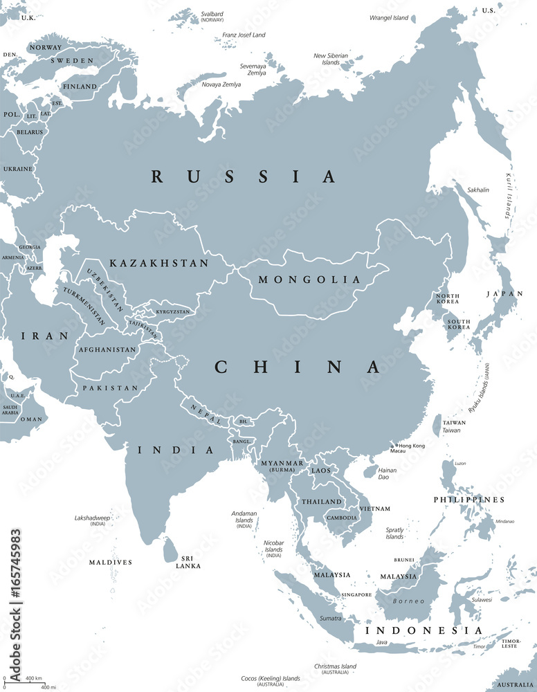 Asia political map with borders and countries. Largest and most ...