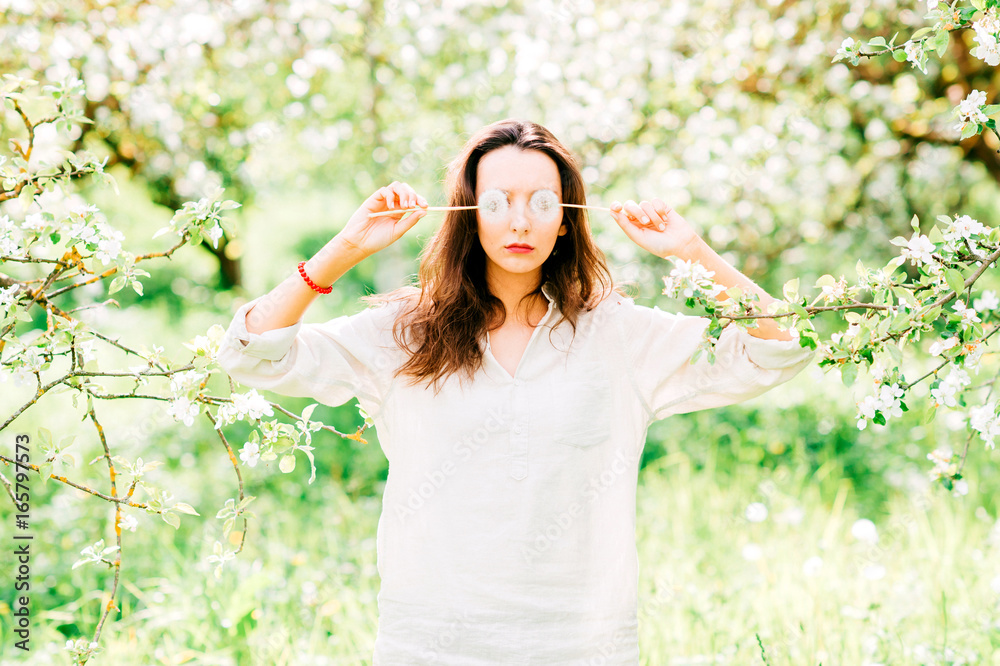Young cute brunette teenager with serious pensive stern tense face ...