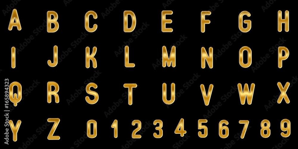 Gold capital letters and numbers on black background. 3D illustration ...