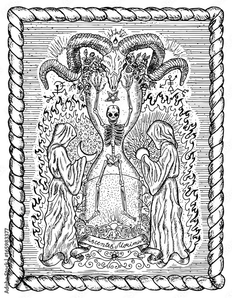 Occult drawing with human skeleton in sandglass, monks with sun and ...