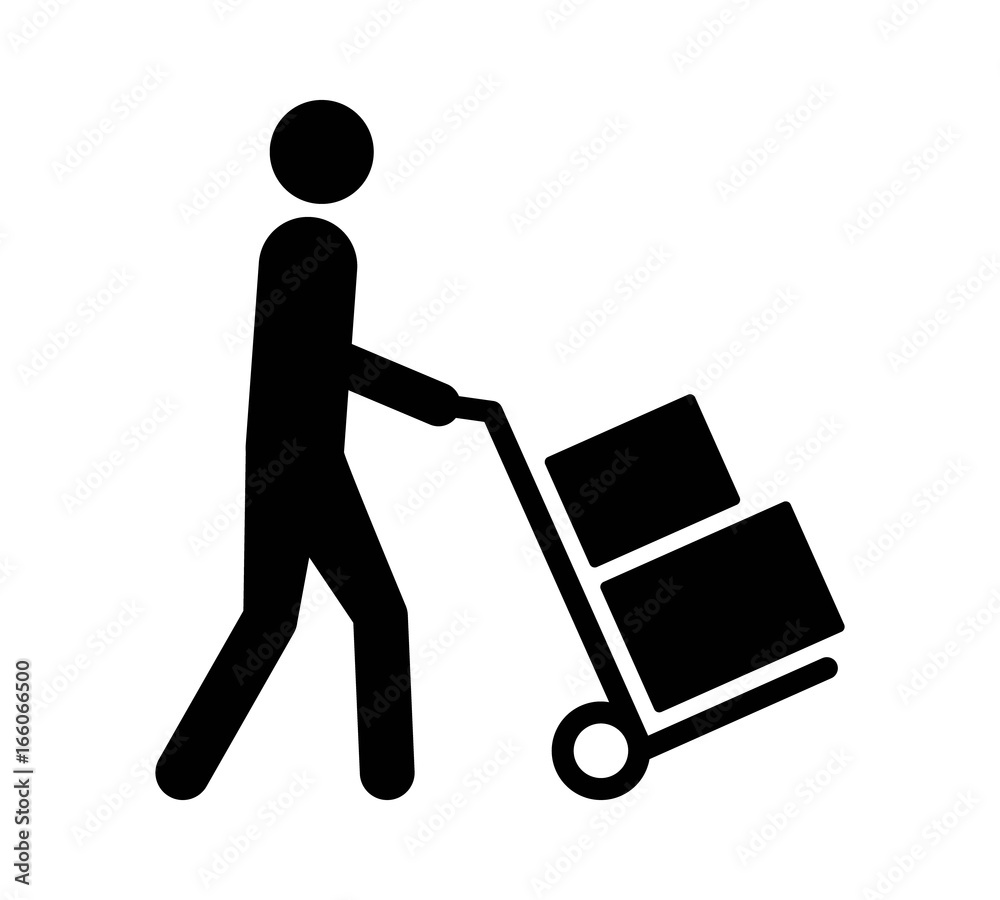 Mover pushing moving hand truck or dolly with boxes flat vector icon ...