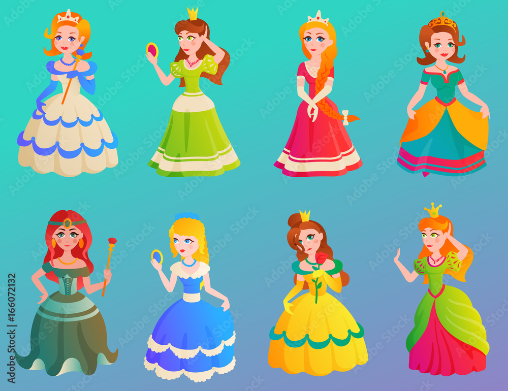 Princess character cute adorble girls different dress vector ...