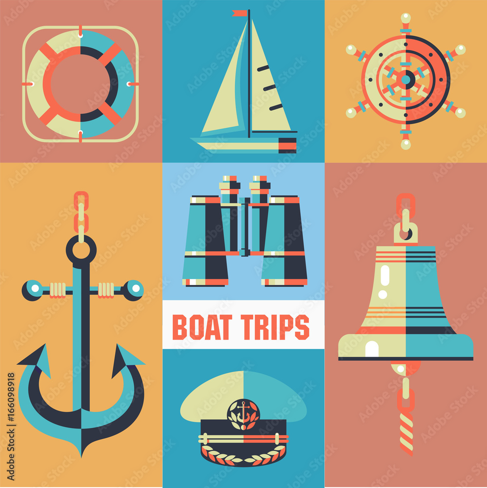 Vector illustration set of symbols on a nautical theme. Sailboat, ships ...